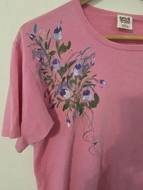 Anvil | Tops | Vintage Hand Painted Flower Pink T Shirt Womens Large ...